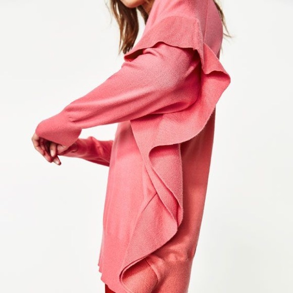 Zara | Sweaters | Nwt Zara Pink Flounce Sleeve Spring Sweater Top S ...
